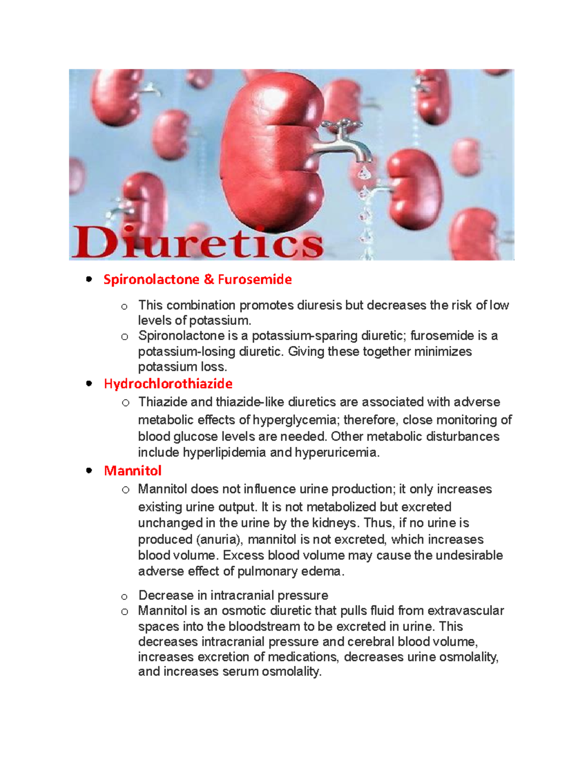 Diuretics - notes - Spironolactone & Furosemide o This combination ...