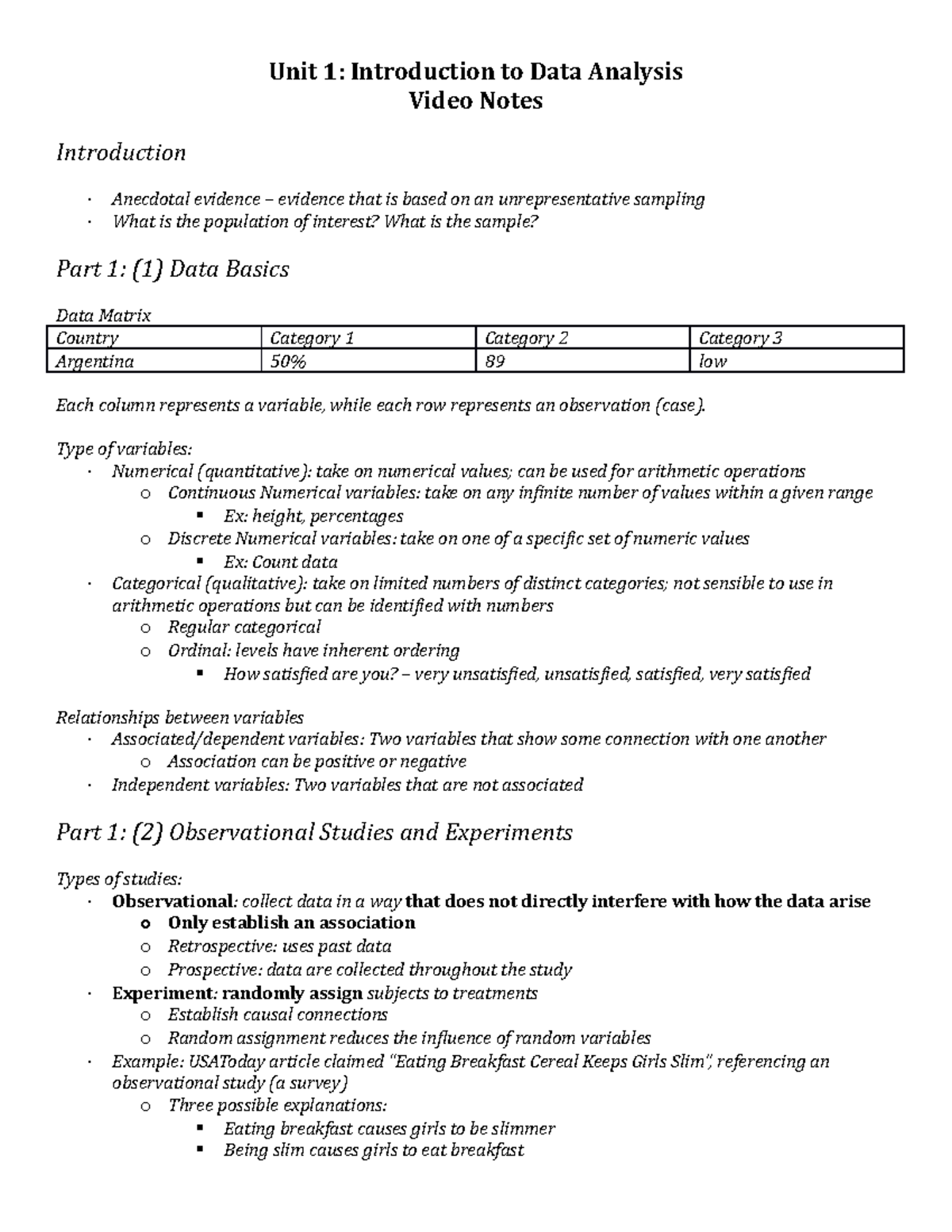 Stats Unit 1 Video Notes - Unit 1: Introduction to Data Analysis Video ...