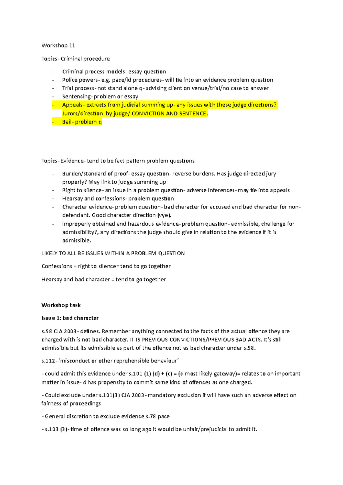 Ws11 - notes - Workshop 11 Topics- Criminal procedure Criminal process ...