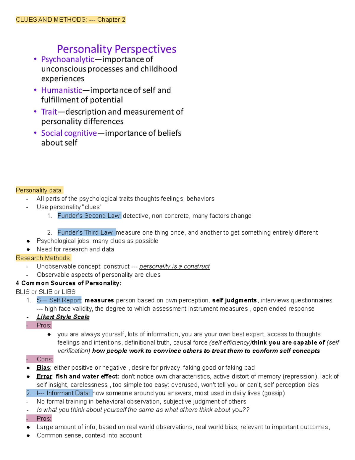 PSY OF Personality - PSY 325 - CLUES AND METHODS: - Chapter 2 ...