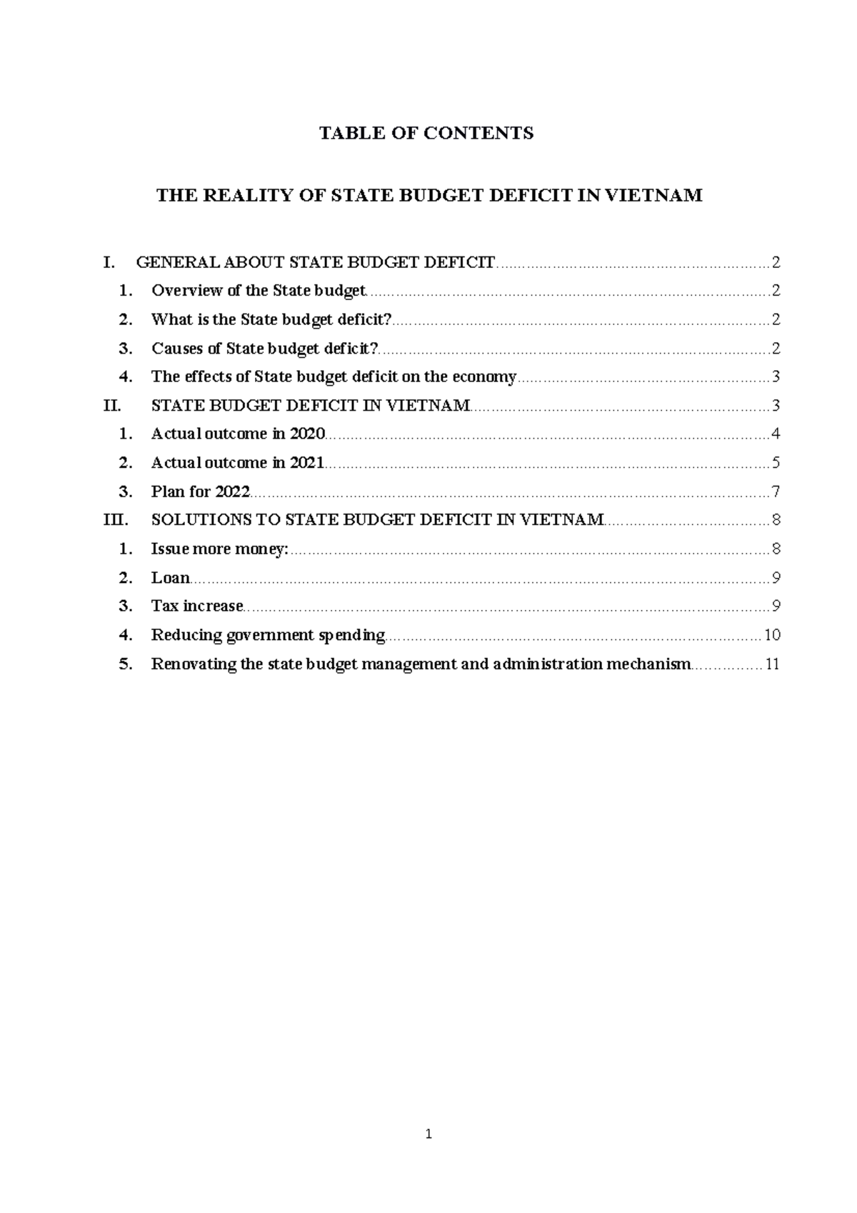 State budget deficit - TABLE OF CONTENTS I. GENERAL ABOUT STATE BUDGET ...