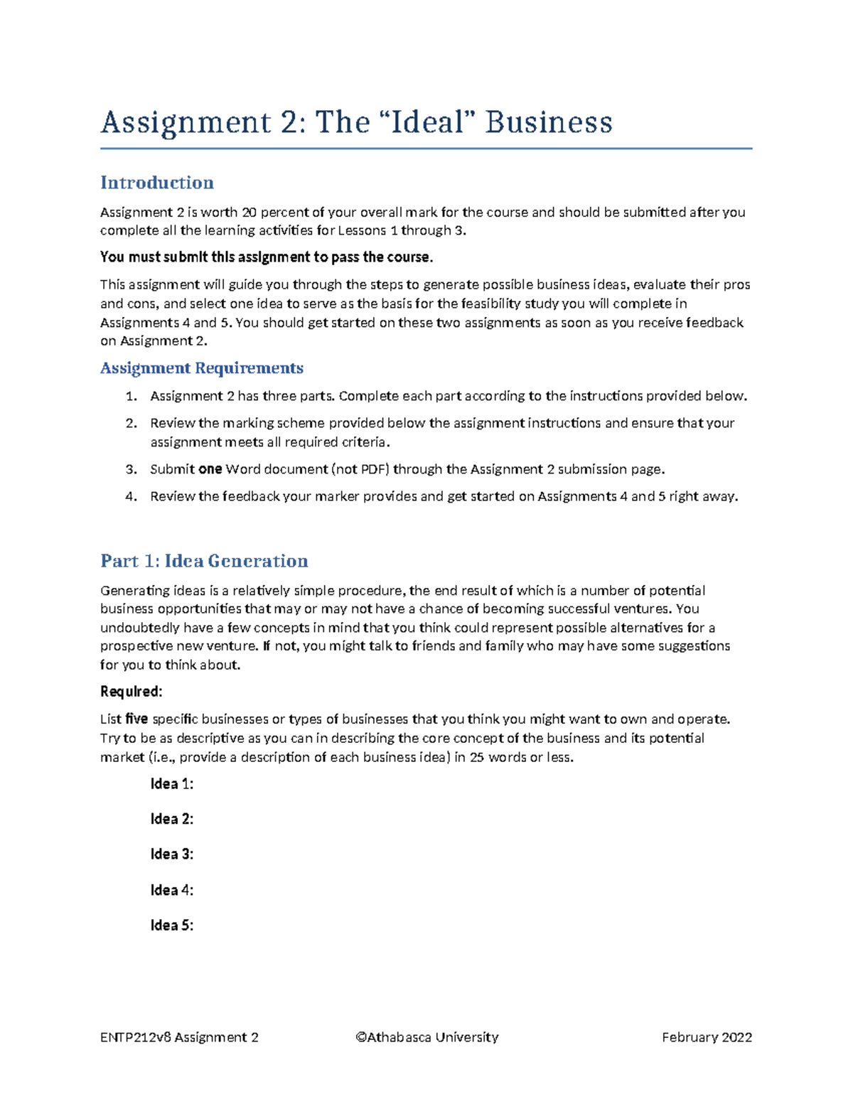 ENTP212v8 Assignment 2 - Assignment 2: The “Ideal” Business ...