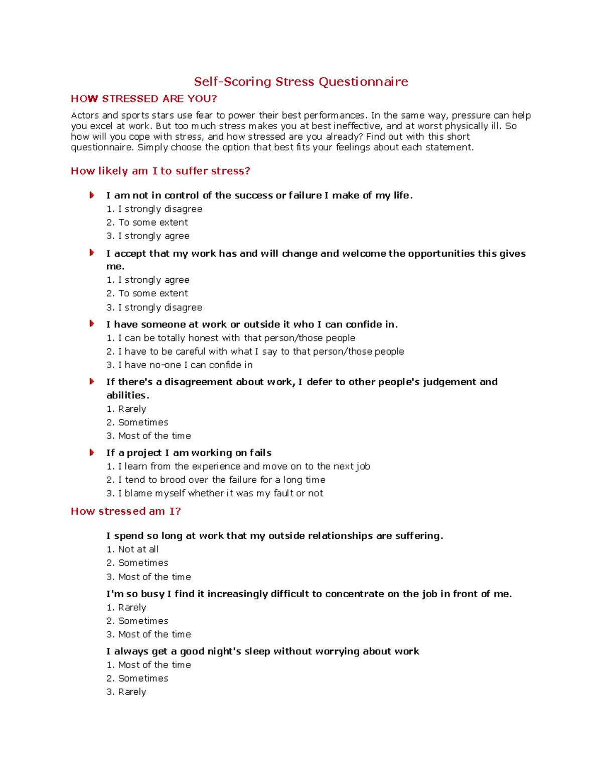 Self-Scoring Stress assessment Questionnaire Template - Self-Scoring Stress Questionnaire HOW ...