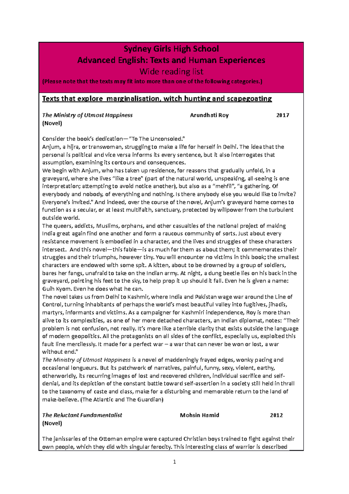 Related Texts for Texts and Human Experiences (1) - Sydney Girls High ...