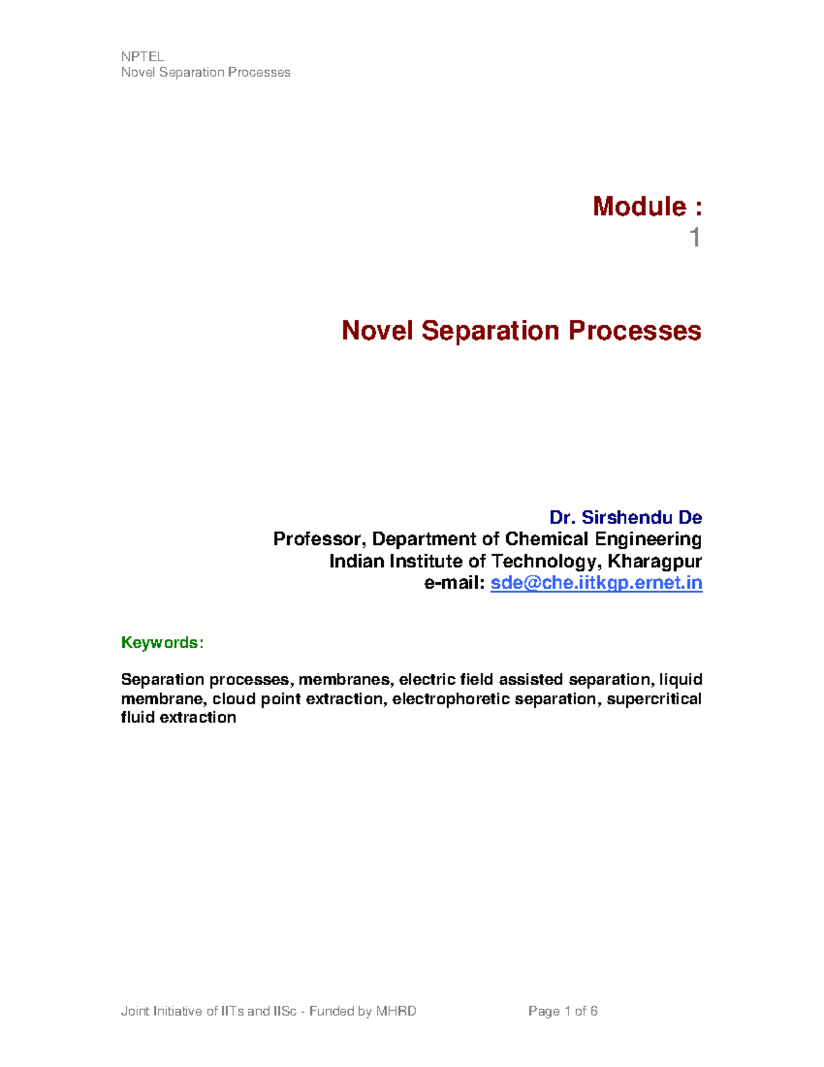 Module-1 - Lecture notes Lecture units 1 - Module : 1 Novel Separation ...