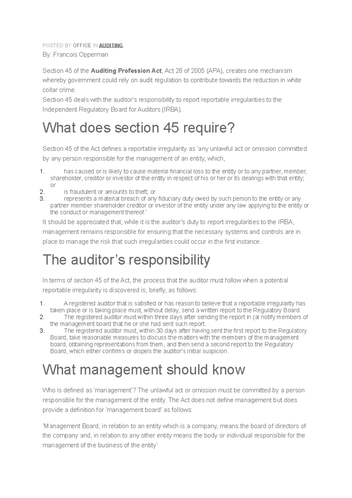 Reportable Irregularity - POSTED BY OFFICE IN AUDITING By: Francois ...