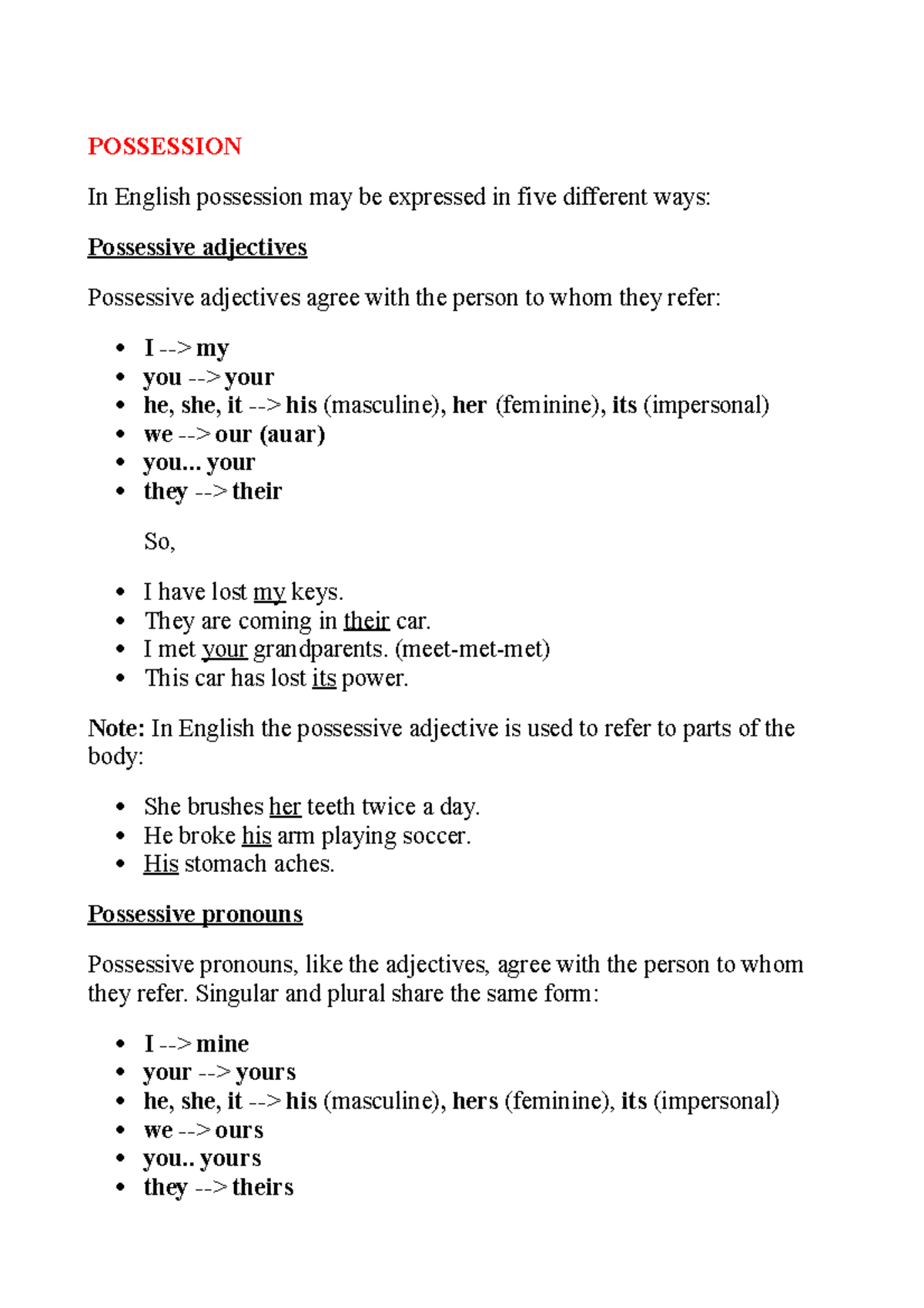 Possession. Aggettivi possessivi in inglese. - POSSESSION In English ...