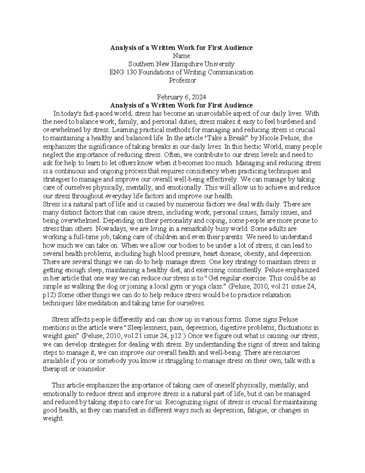 ENG 130 5.1 Draft - Analysis of a Written Work for First Audience Name ...