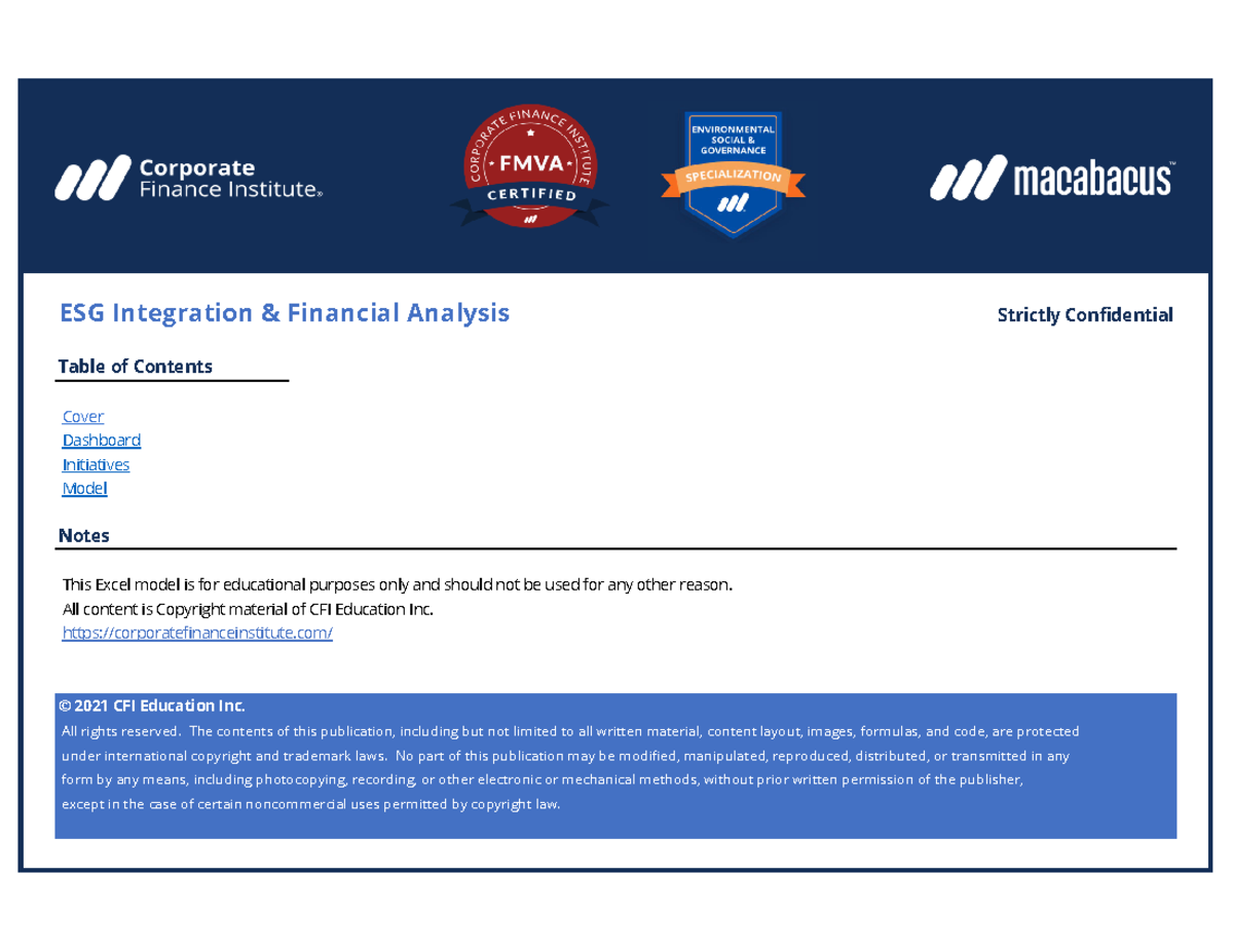 ESG Model (Base - Complete) - ESG Integration & Financial Analysis Strictly Confidential Table ...