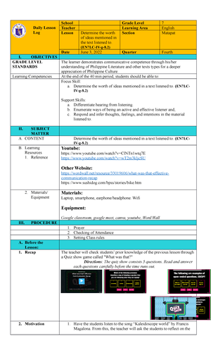 ENG8 Q2 W1 - DLL - GRADE 8 DAILY LESSON LOG School: COLAMBUTAN BAJO ...