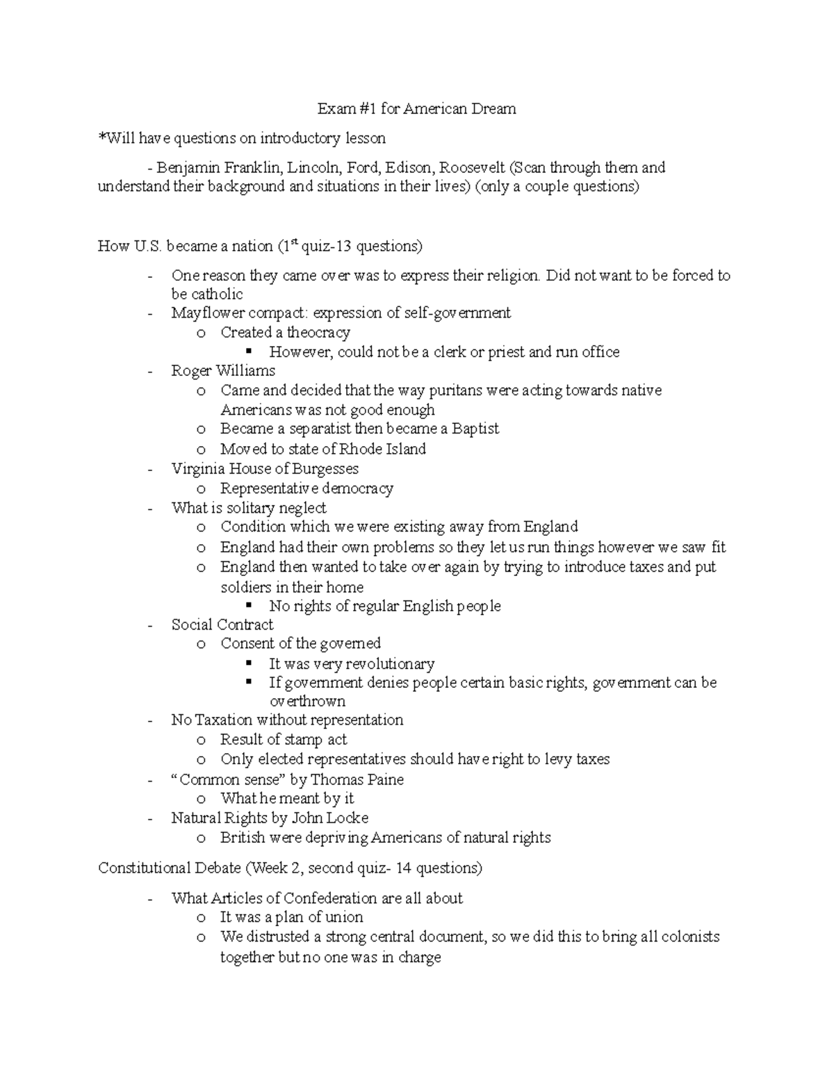 Exam 1 Review - Professor Papp - Exam #1 for American Dream *Will have ...