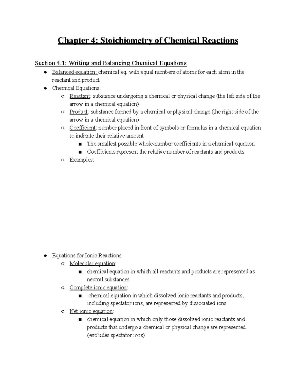 Chapter 4 Notes - Prof. Salem - Chapter 4: Stoichiometry of Chemical ...