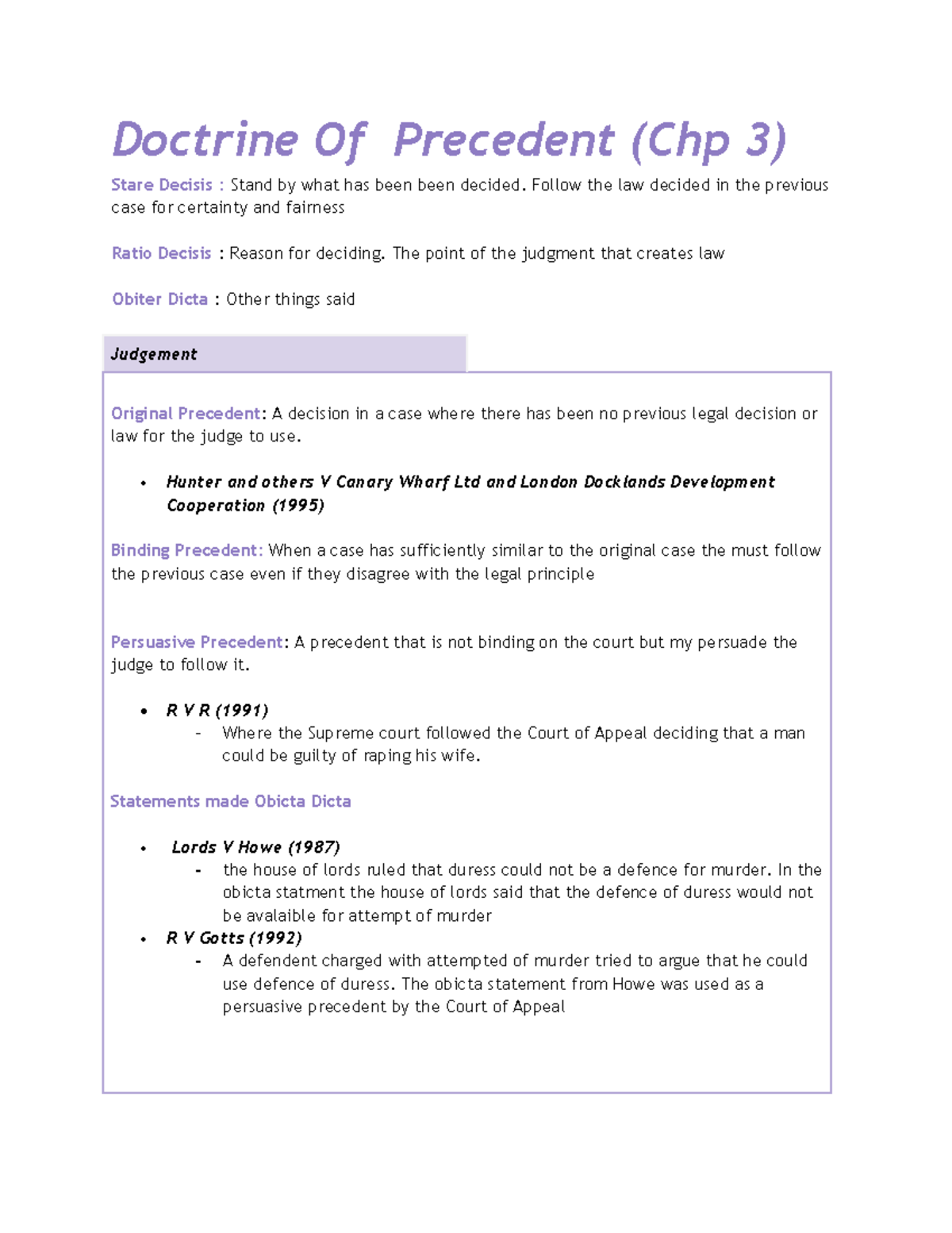 Law - A levels Law notes for Doctrine of Precedent (Chapter 3 ...