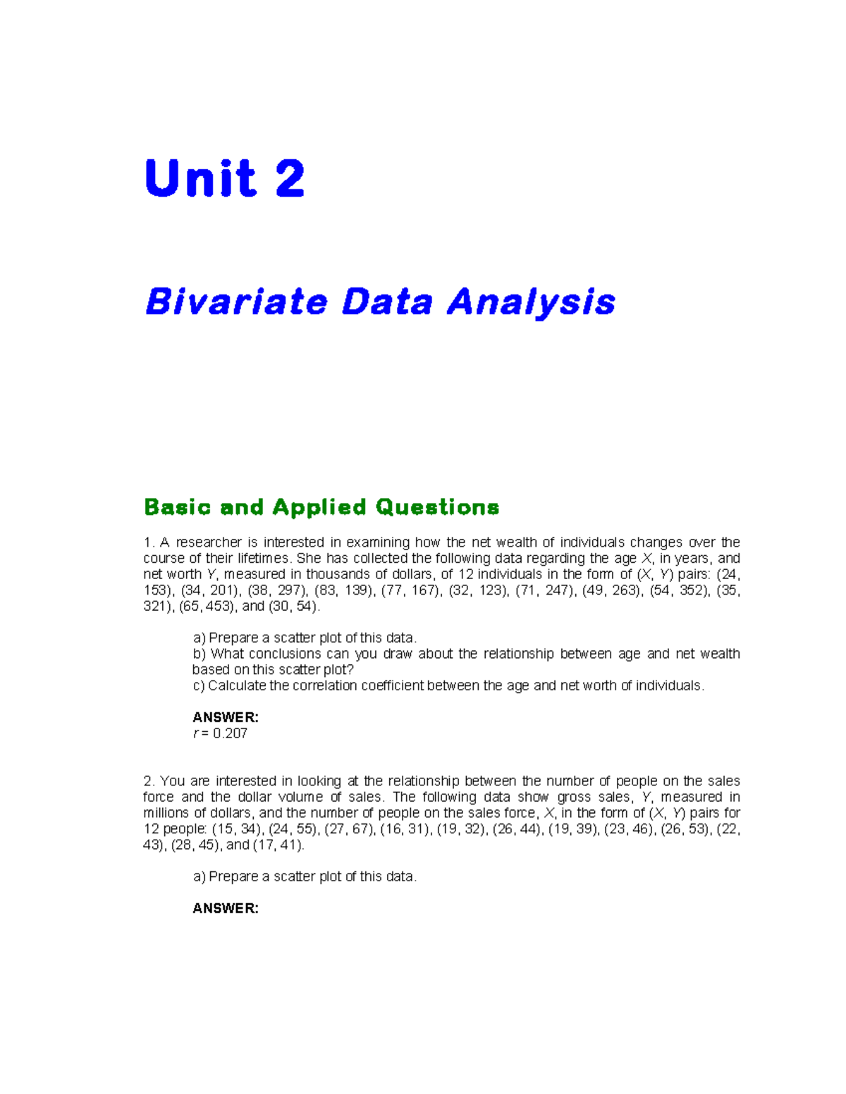 Unit 2 - Apuntes 2 - Unit 2 Bivariate Data Analysis Basic and Applied ...