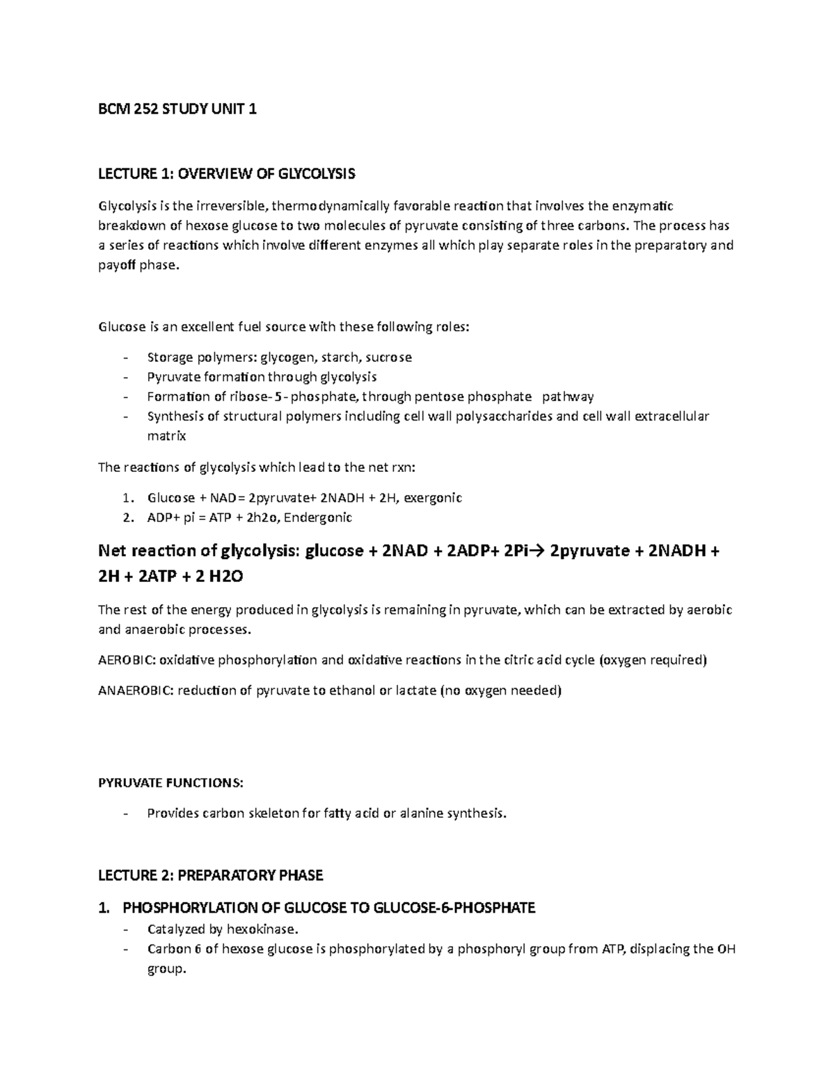 BCM 252 Summary Glycolysis PREP AND PAYOFF PHASE - BCM 252 STUDY UNIT 1 ...