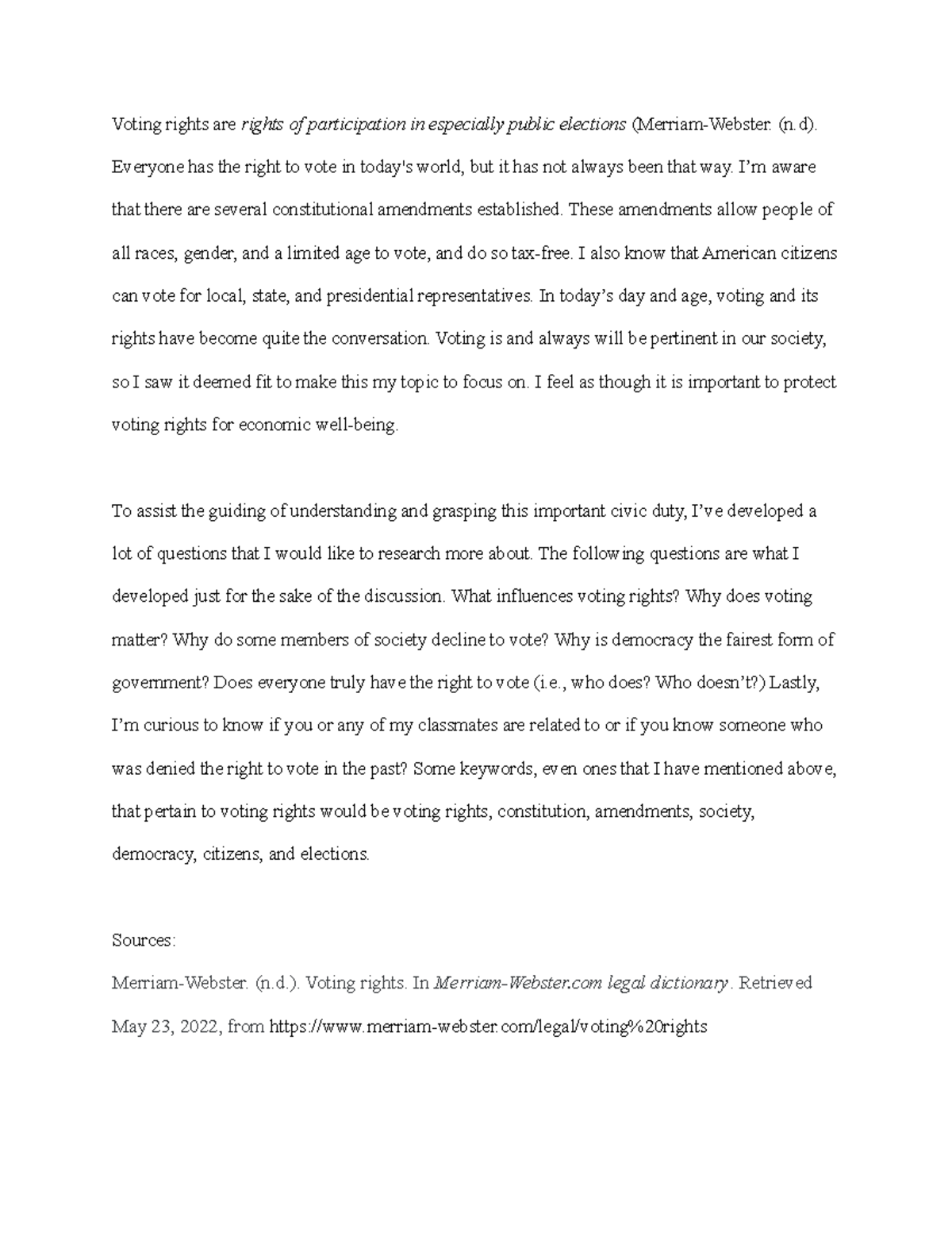 4-1 Discussion Voting Rights - Voting rights are rights of ...