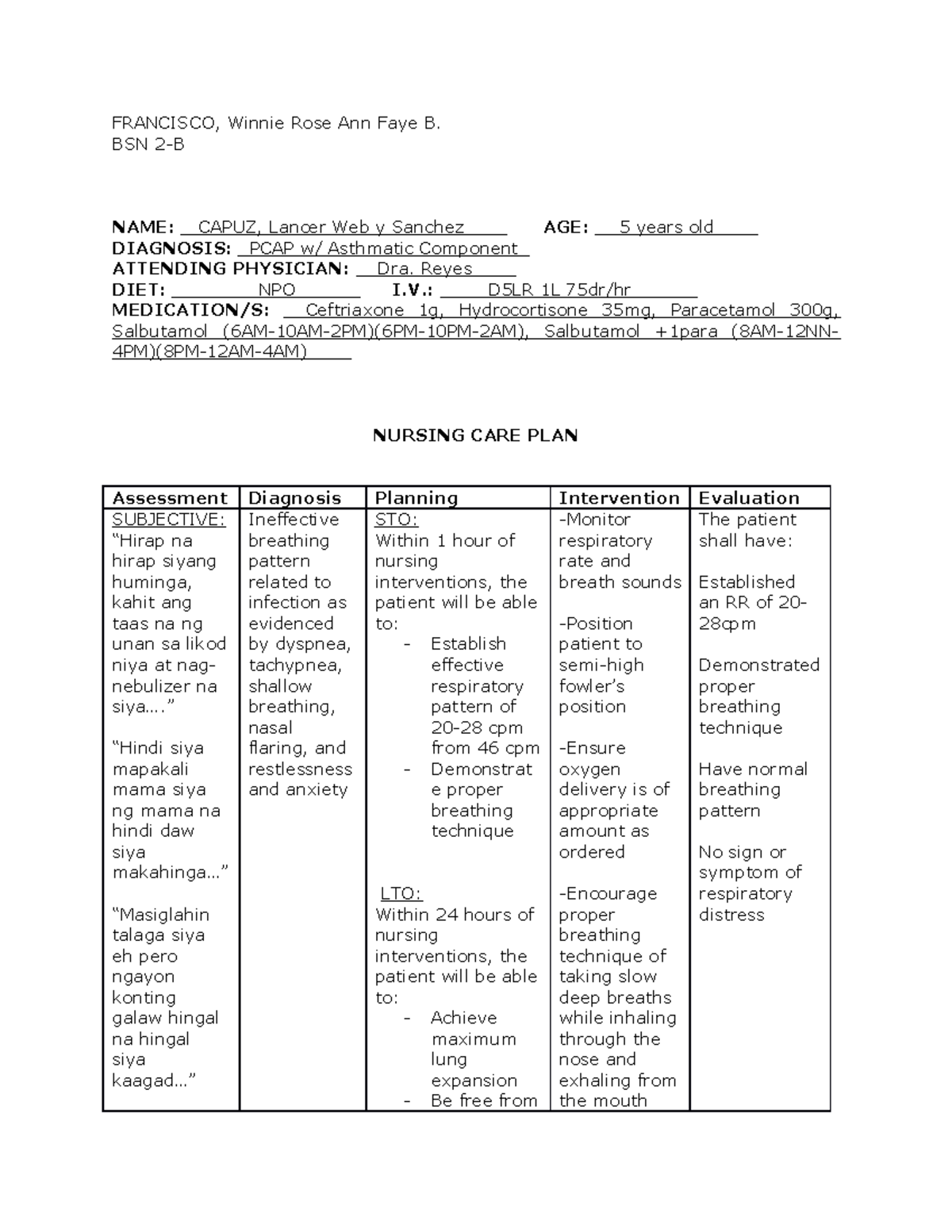 Ineffective Breathing Pattern NCP - FRANCISCO, Winnie Rose Ann Faye B. BSN 2-B NAME: CAPUZ ...