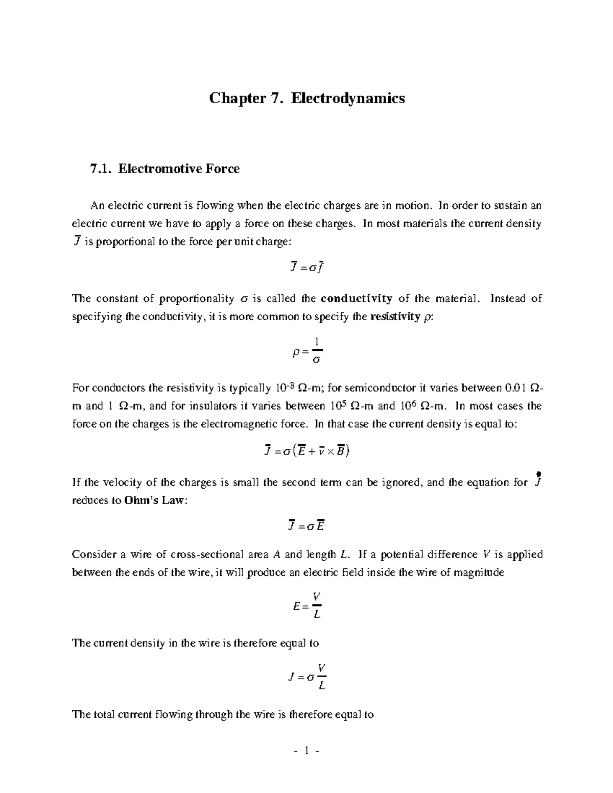 Lecture Notes Chapter 7 - Chapter 7. Electrodynamics 7. Electromotive ...