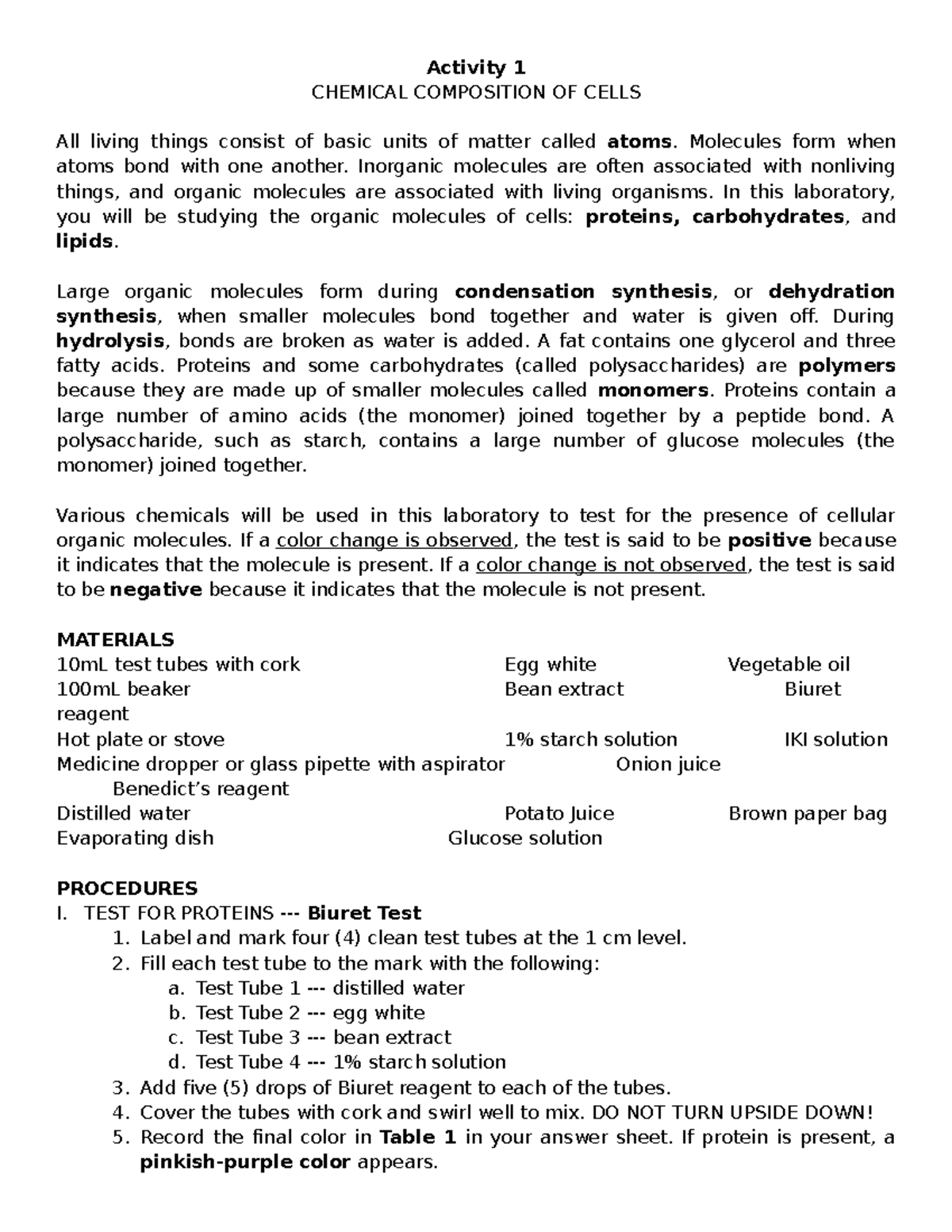 Activity 1 chem compostion of cells - Activity 1 CHEMICAL COMPOSITION ...