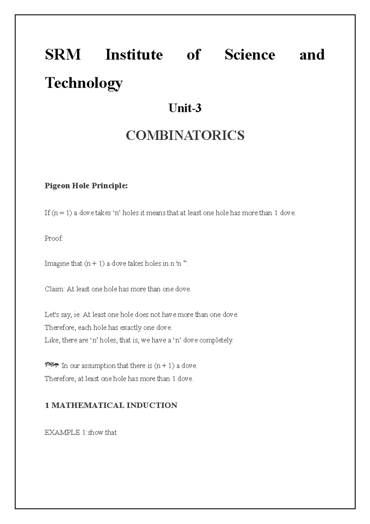 Combinatorics - Aadarsh - SRM Institute of Science and Technology Unit- COMBINATORICS Pigeon ...