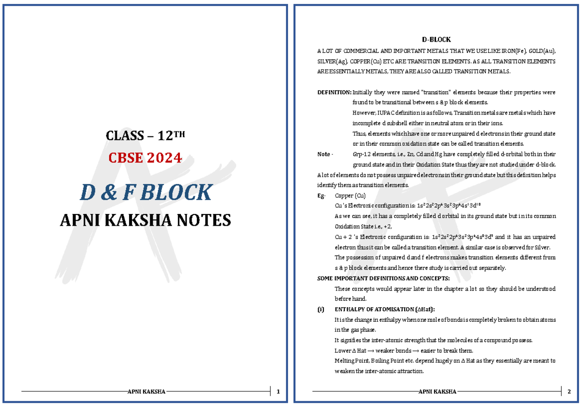D & F Block Best Notes - CLASS – 12 TH CBSE 2024 D & F BLOCK APNI ...