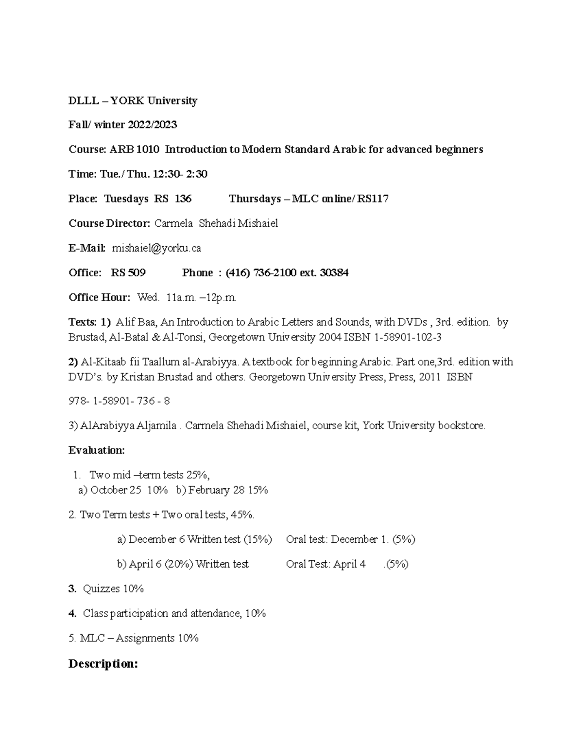 ARB 1010 Course outlines - DLLL – YORK University Fall/ winter 2022 ...