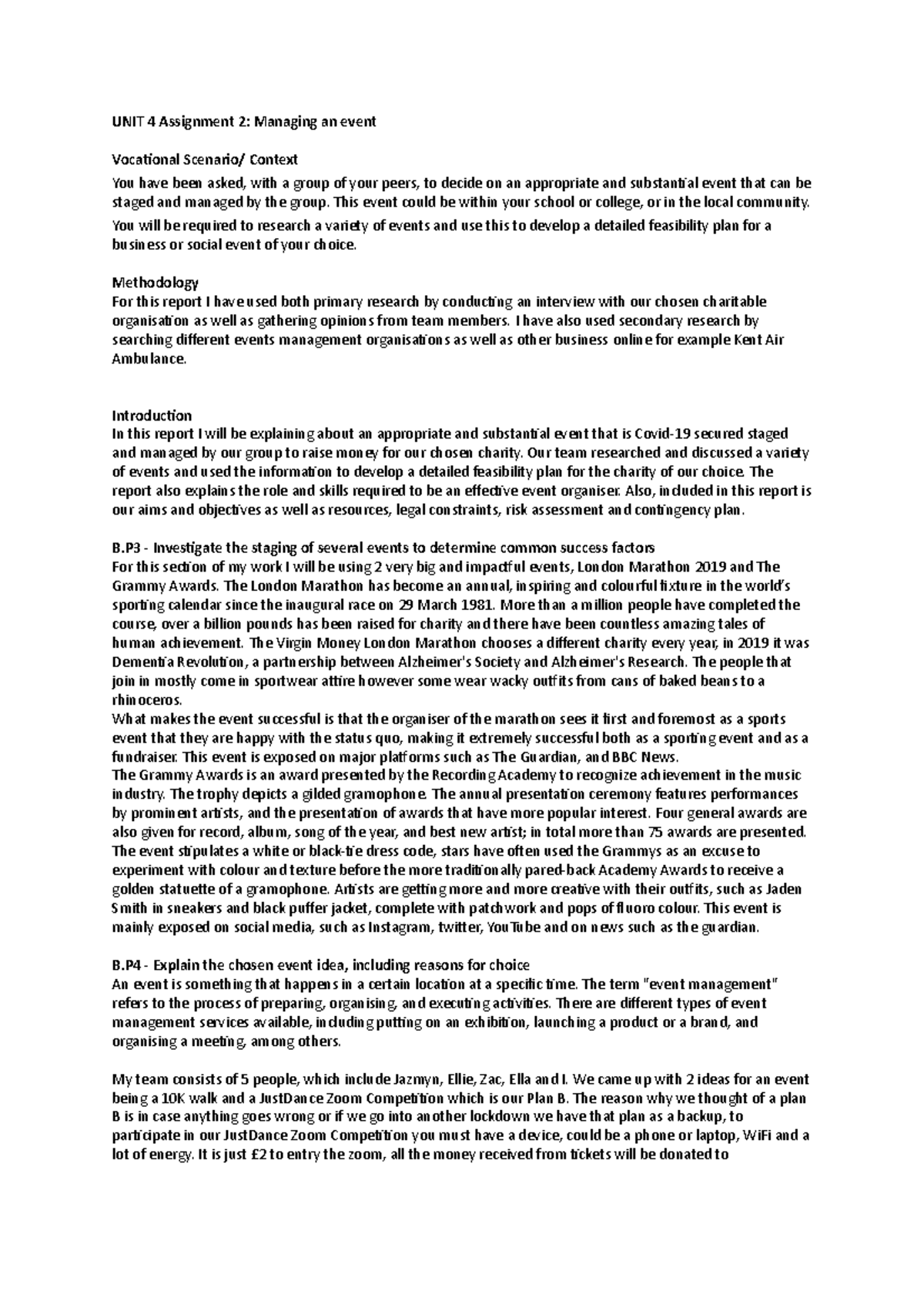 Unit 4 - Assignment 2 Ana resub - UNIT 4 Assignment 2: Managing an event Vocational Scenario ...