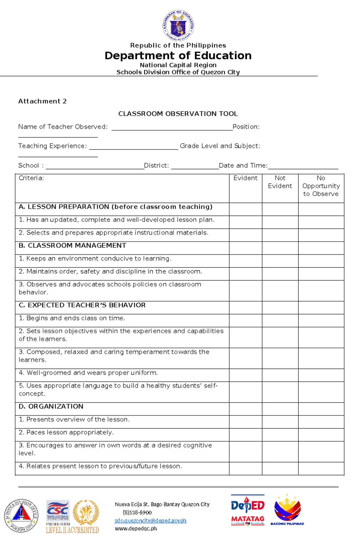 Classroom- Observation-TOOL - Nueva Ecija St. Bago Bantay Quezon City ...