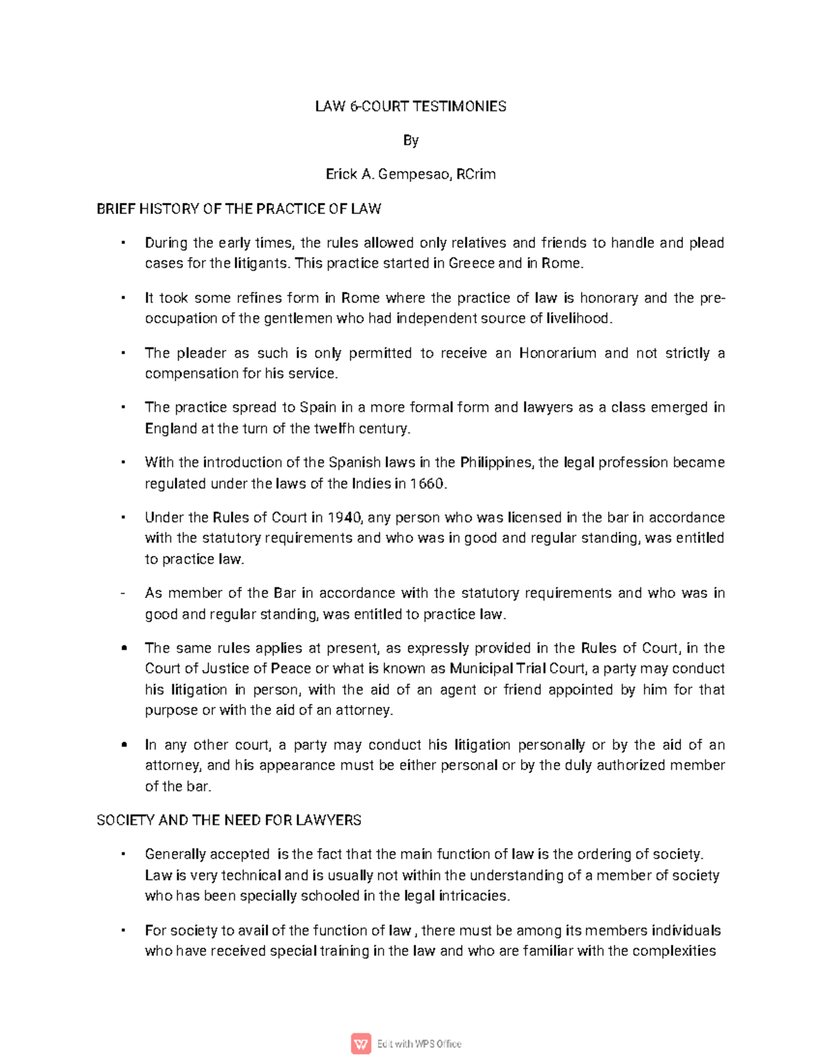 (CLJ) Court Testimony - REVIEW MATERIALS - LAW 6-COURT TESTIMONIES By ...