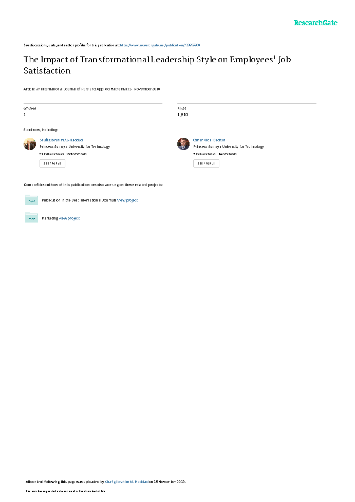 The Impactof Transformational Leadership Styleon Employees Job Satisfaction - See discussions ...