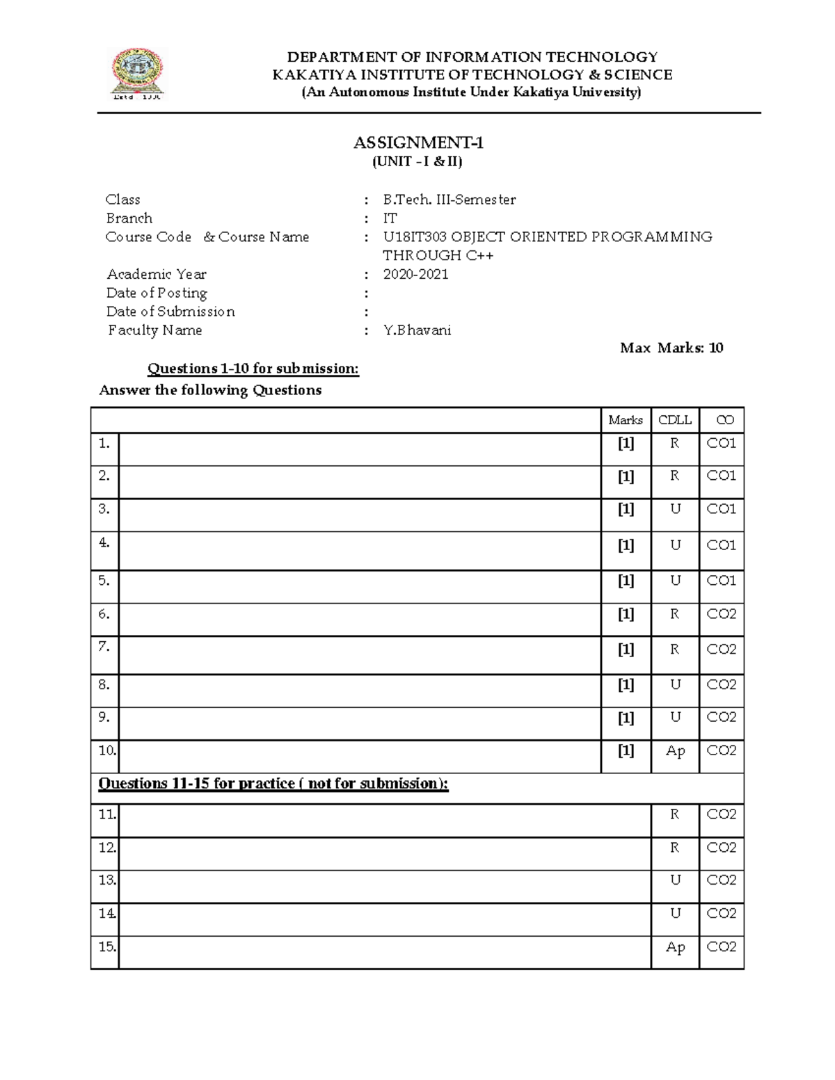 Assignment-1 - Assessment - ASSIGNMENT- (UNIT - I & II) Class : B. III-Semester Branch : IT ...