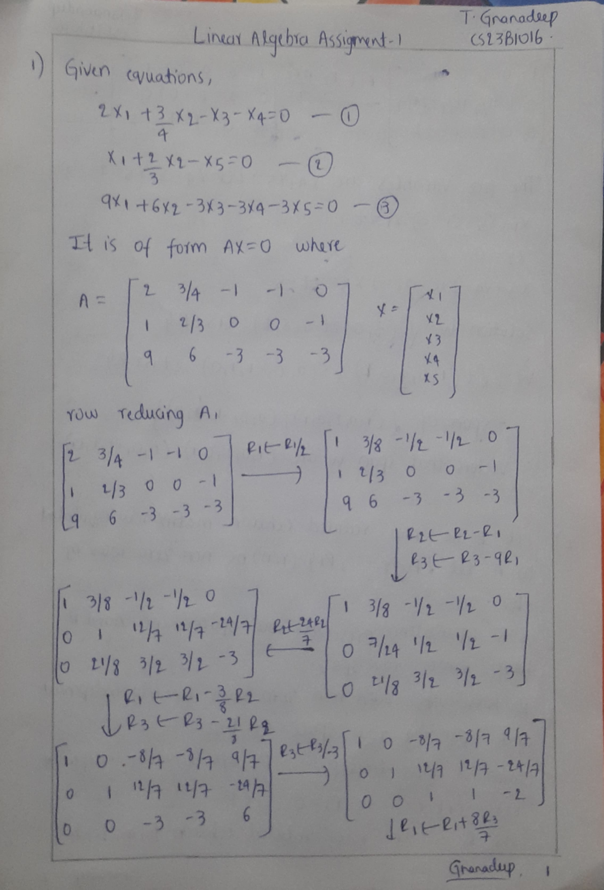 Linear Algebra Assignment-1 - )Given cyuations, 2X1 t3 X- X3- X40 O Linat Alqtho Assigent 1 4 3 ...