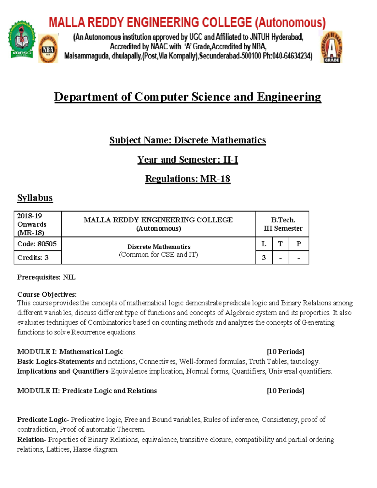 Discrete mathematics - MFCS - Department of Computer Science and Engineering Subject Name ...