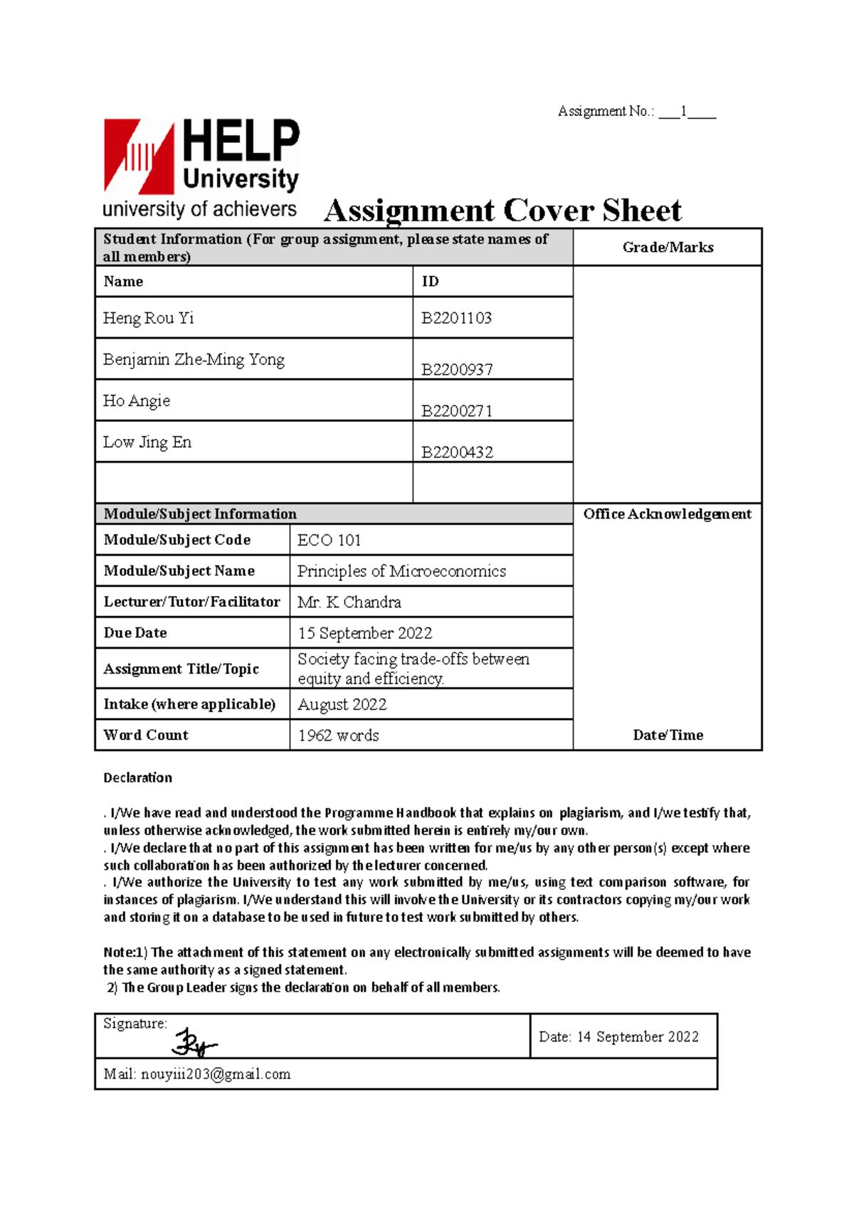 HELP ECO 101 Group Assignment - Assignment No.: 1_ Assignment Cover ...