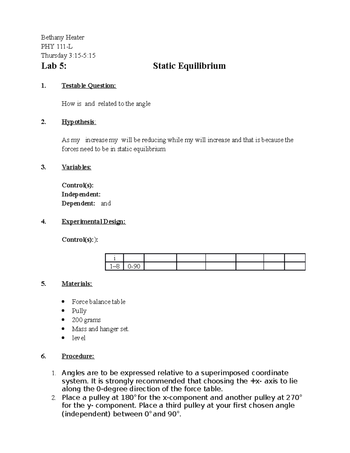 PHY111L Lab 5 Static equilibrium 3 - Bethany Heater PHY 111-L Thursday ...