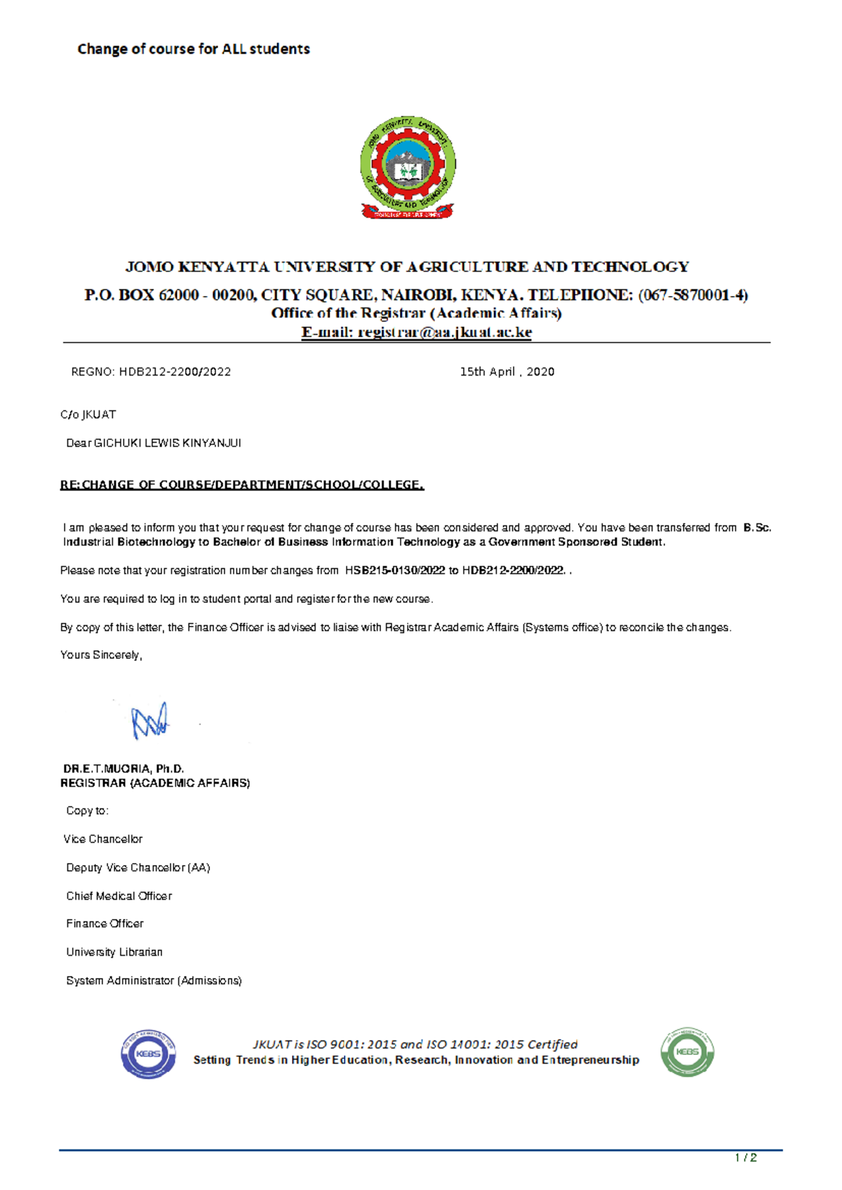 Jkuat Change of Course Letter Mon-Feb-2024 - REGNO: HDB212-2200/2022 ...