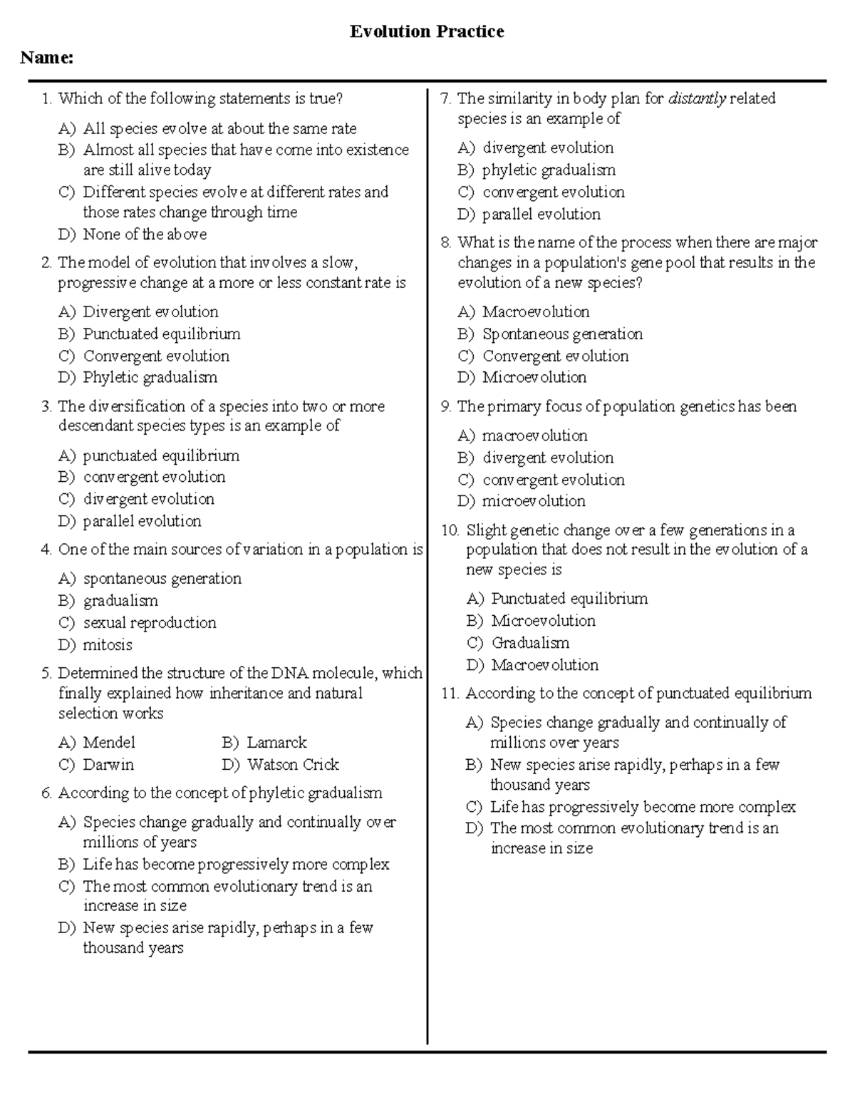 Micro vs Macroevolution Practice - Evolution Practice Name: A) All ...