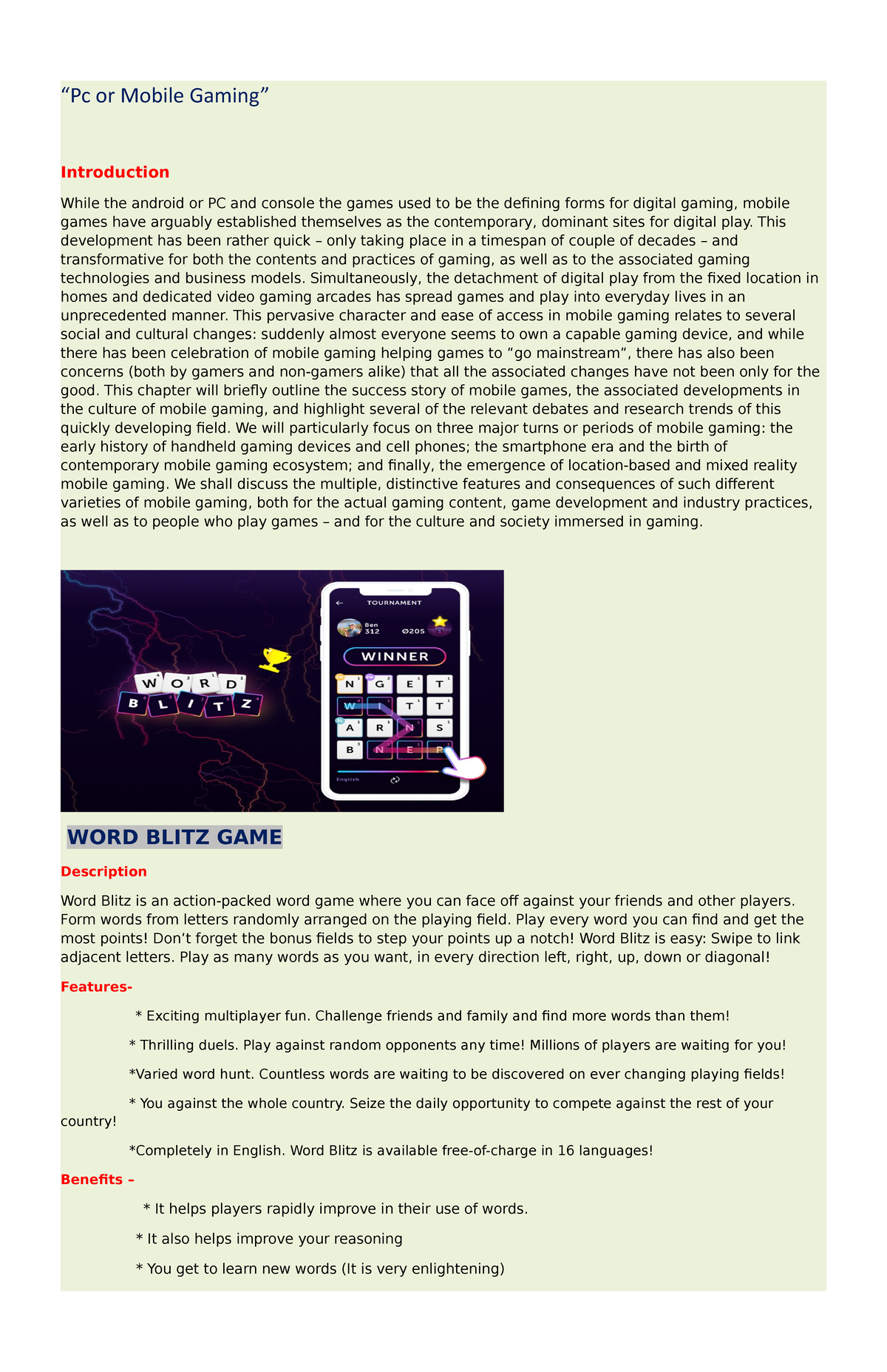 MEN1 - activity - “Pc or Mobile Gaming” Introduction While the android ...