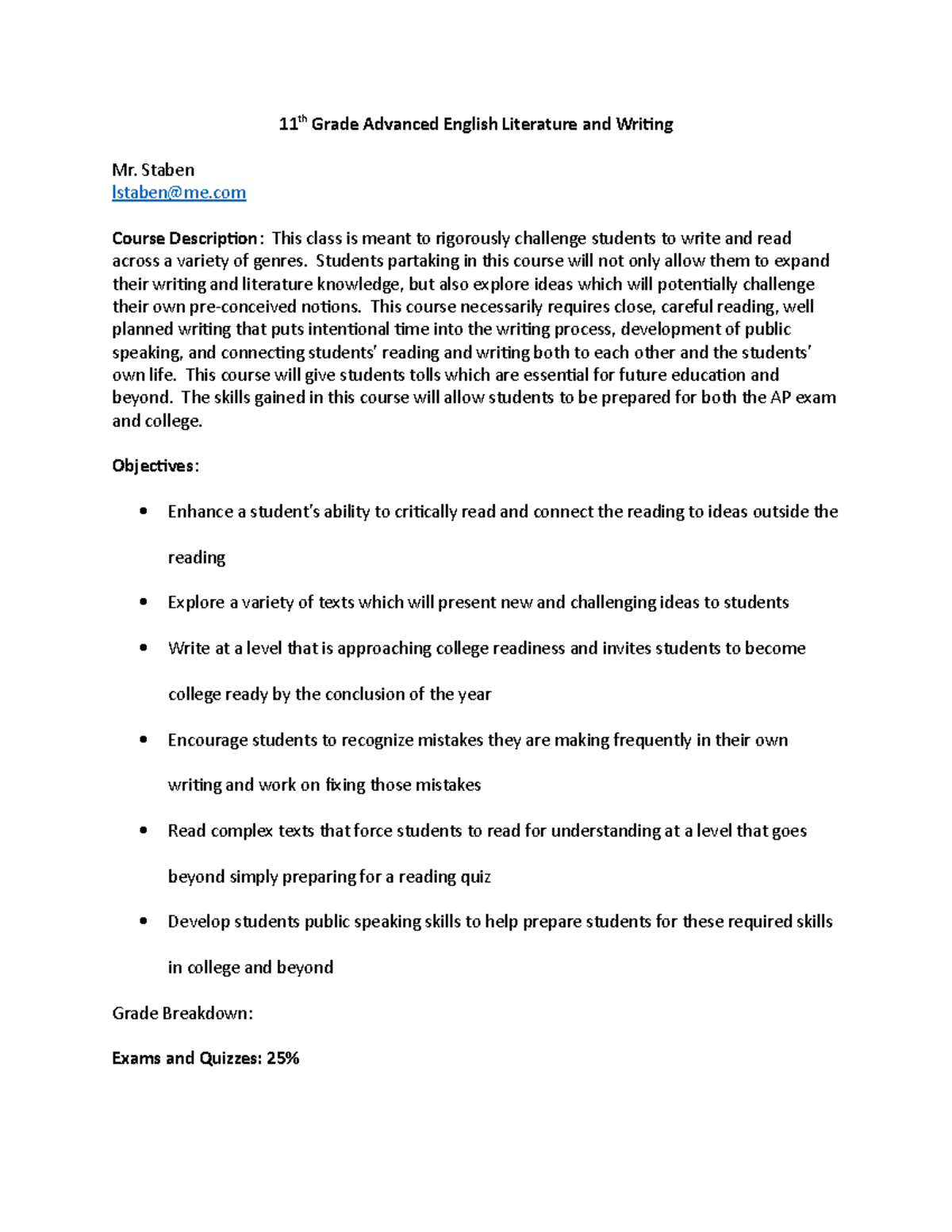Syllabus - 11 th Grade Advanced English Literature and Writing Mr ...