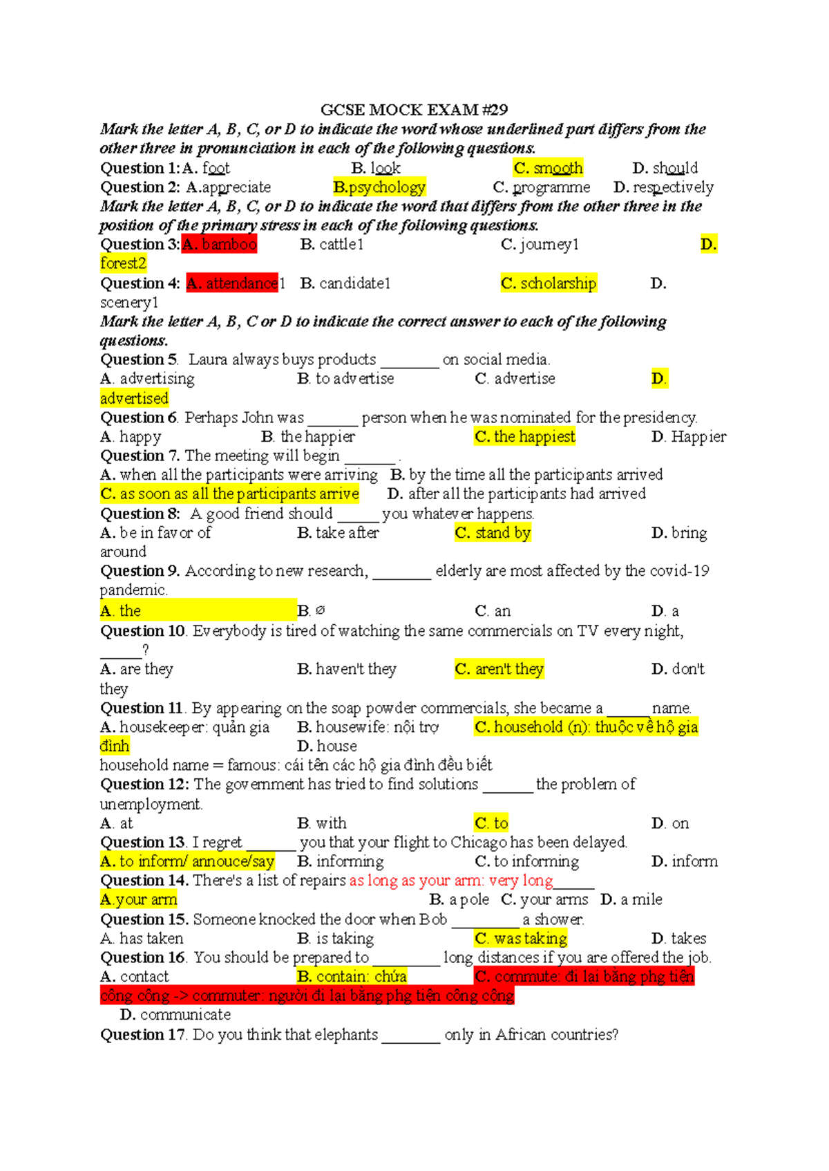 GCSE-29 - GCSE - GCSE MOCK EXAM Mark the letter A, B, C, or D to ...