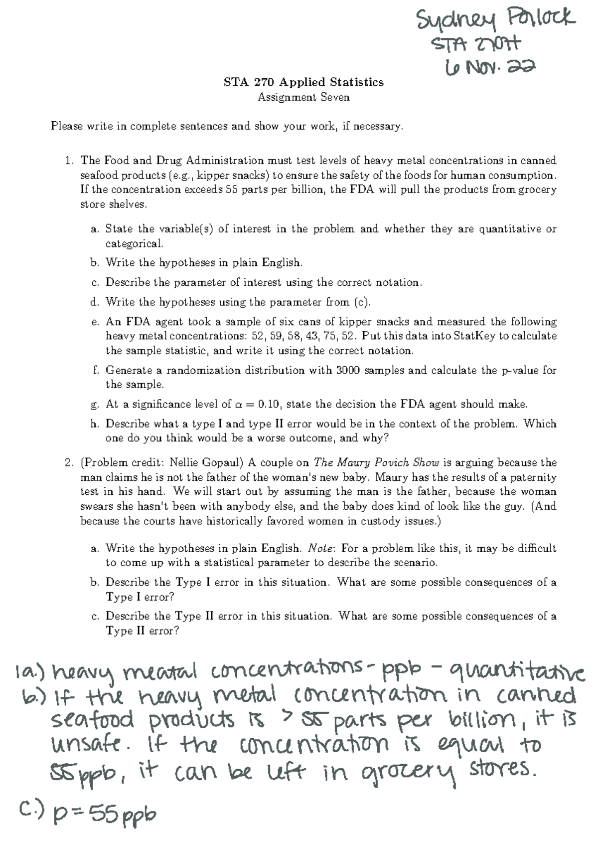 Written HW #7 - Homework assignments. Unique problems, as well as ...