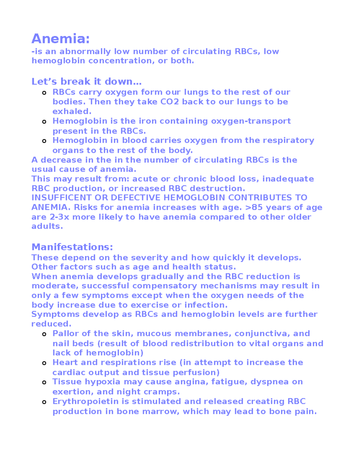 Anemia notes - Anemia: -is an abnormally low number of circulating RBCs ...
