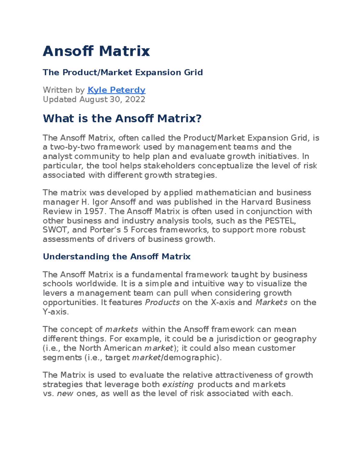Ansoff Matrix - Summary Global Environment Of Mgmt - Ansoff Matrix The ...