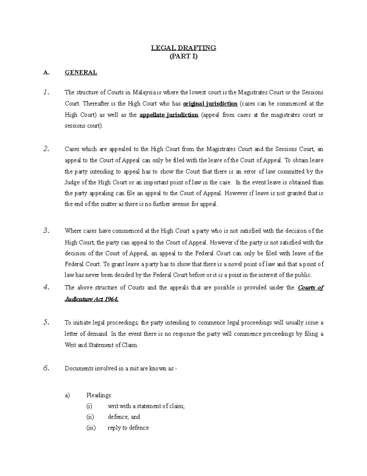 Legal Drafting Notes - DL10 - LEGAL DRAFTING (PART I) A. GENERAL 1. The ...
