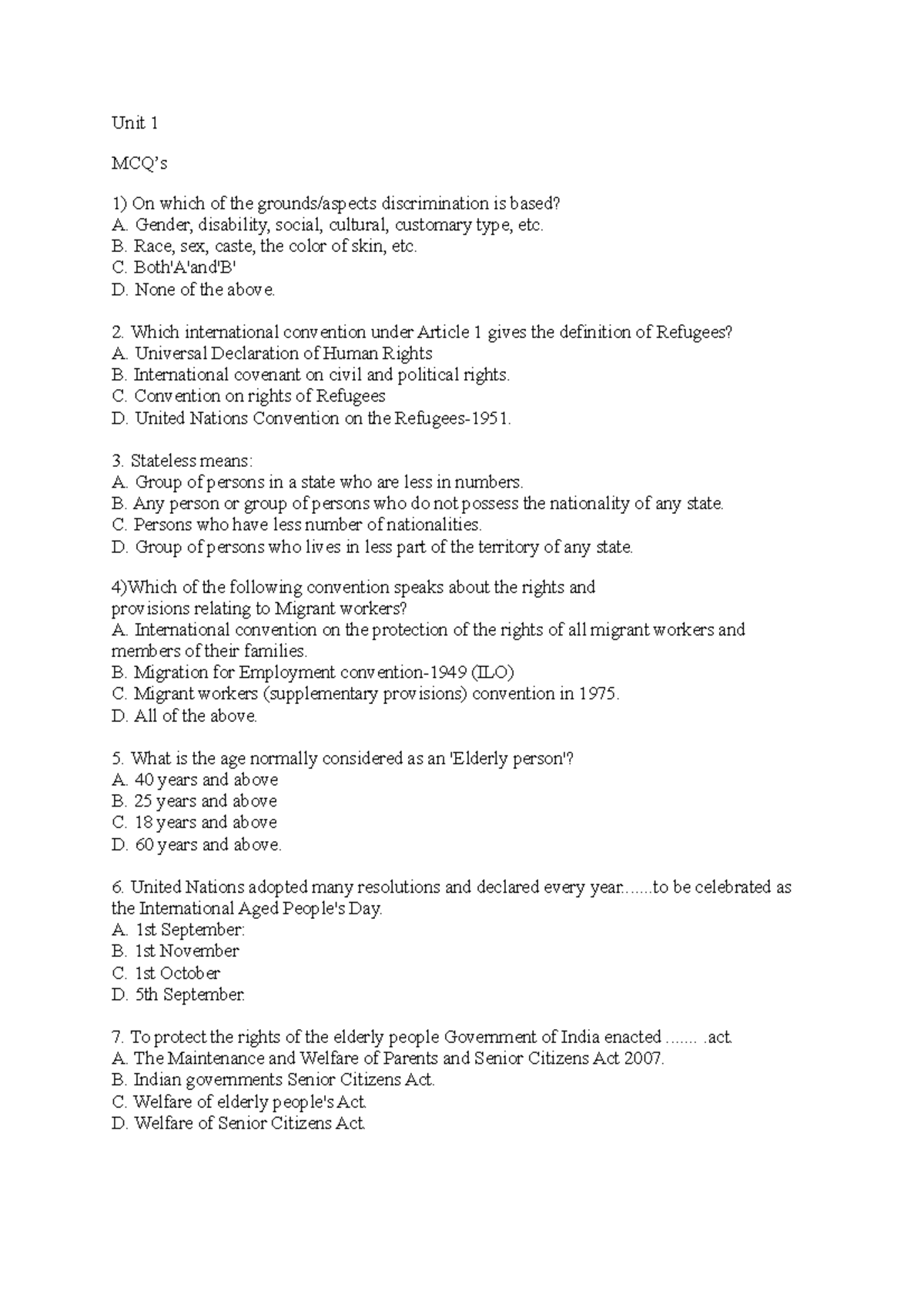 Human Right Unit 1 - HRA - Unit 1 MCQ’s On which of the grounds/aspects ...