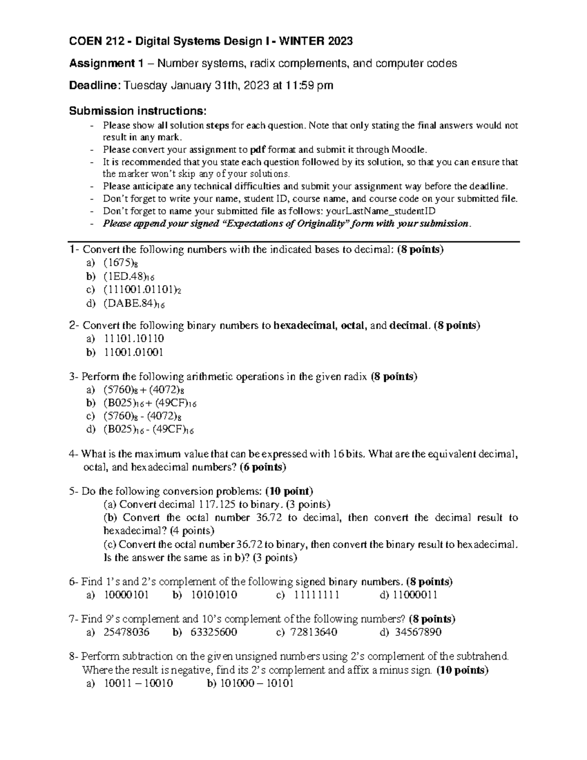 Assignment 1 - COEN 212 - Digital Systems Design I - WINTER 2023 Assignment 1 – Number systems ...