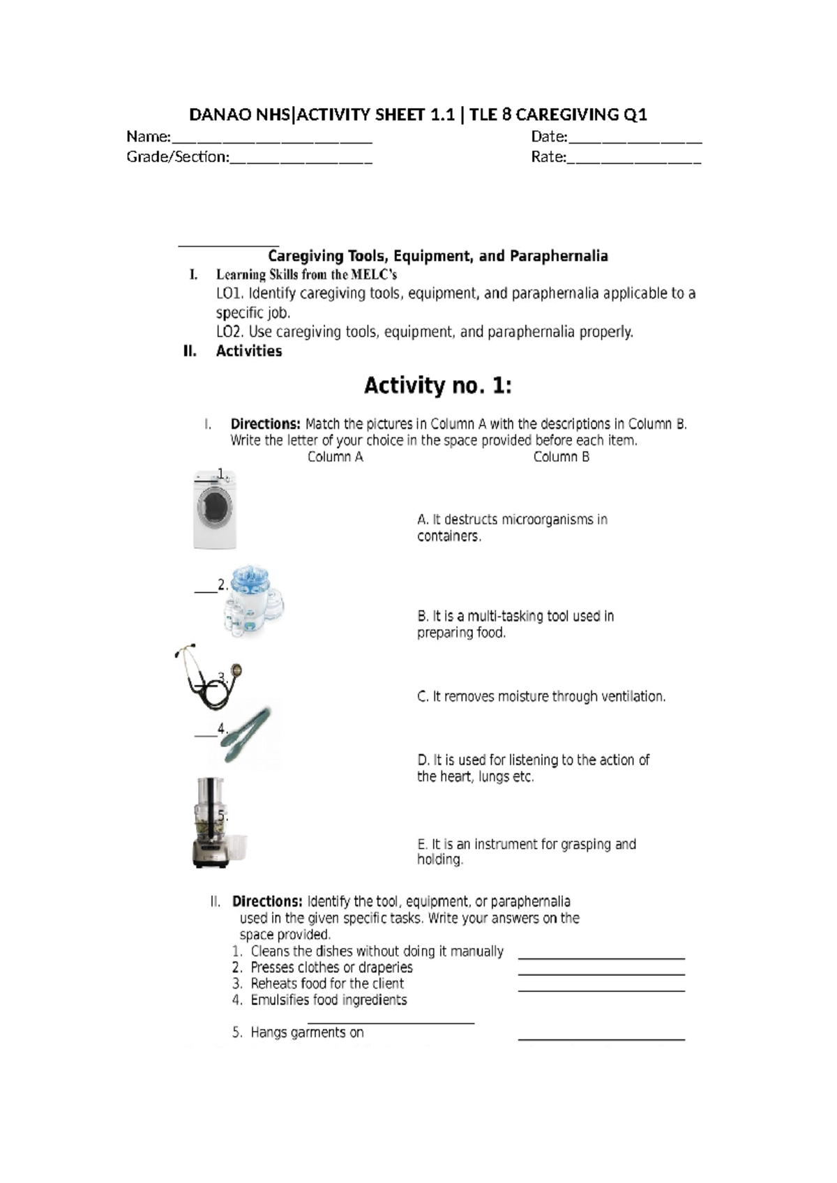 Activity Sheets FOR CO - The document is an assessment for class ...