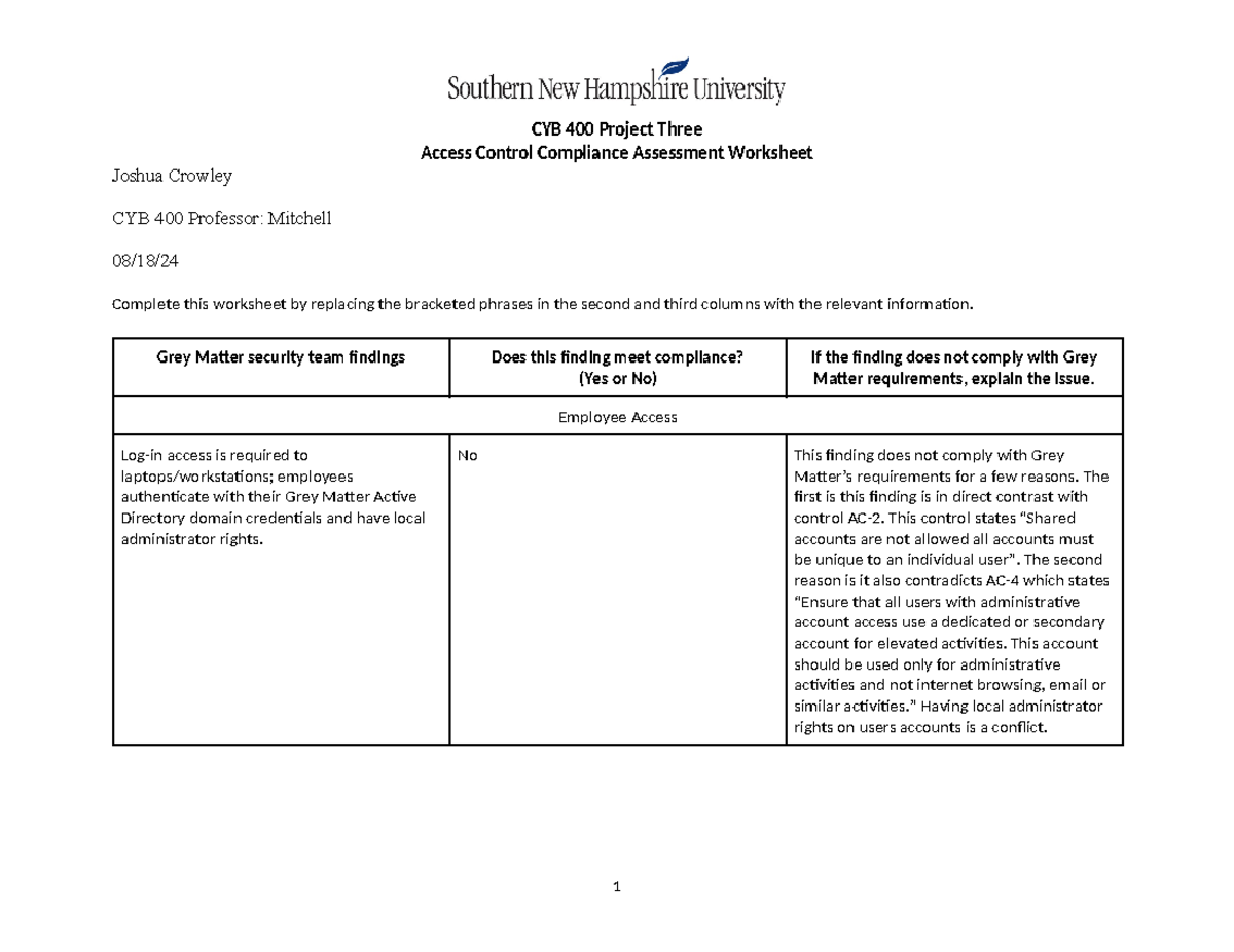 CYB 400 Project Three Compliance Assessment Worksheet Joshua Crowley ...