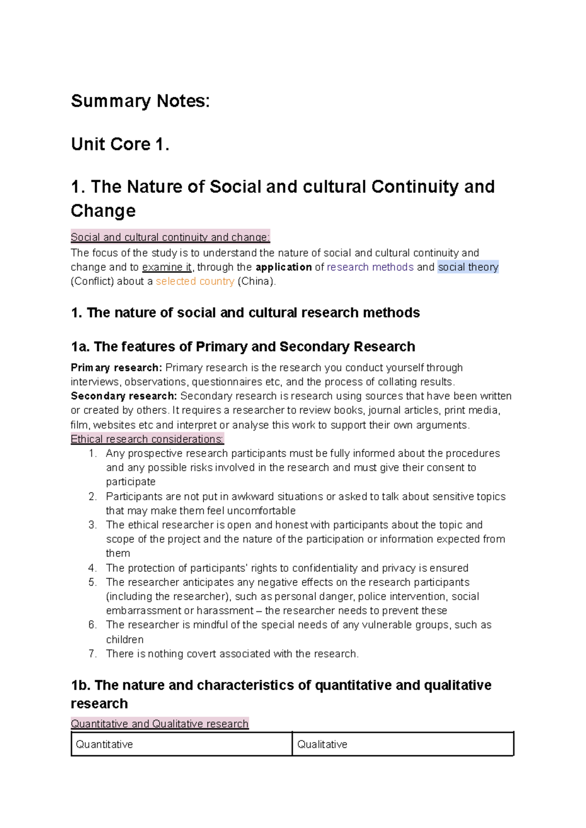 Yr12 SAC Social and Cultural Continuity and Change - Summary Notes ...