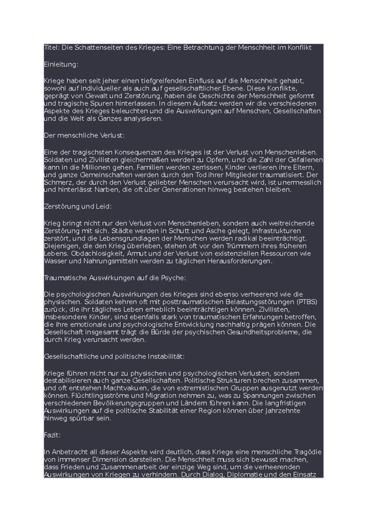 Krieg - sdfsg - Titel: Die Schattenseiten des Krieges: Eine Betrachtung ...